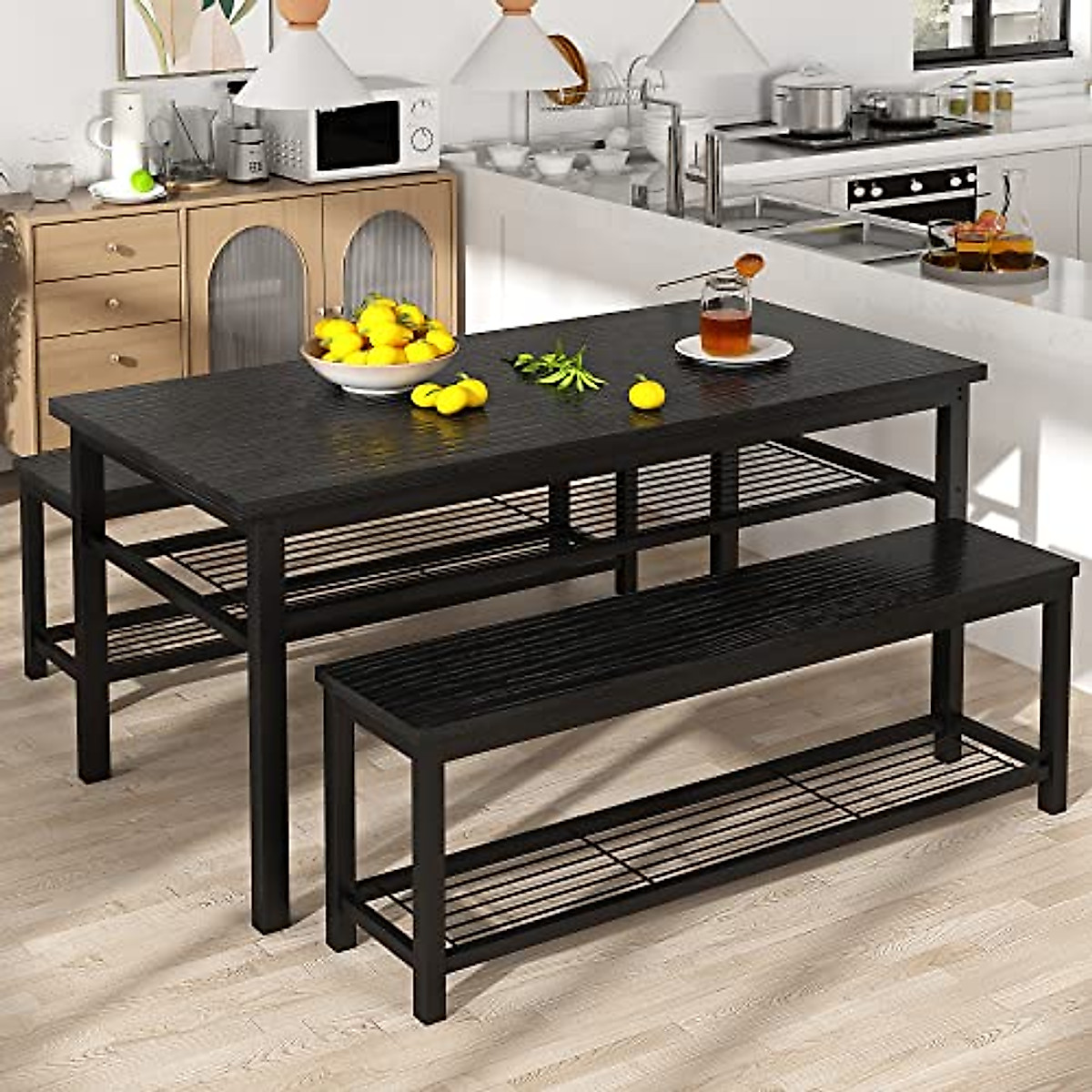 AWQM Dining Room Table Set, Kitchen Table Set with 2 Benches, Ideal for Home, Kitchen and Dining Room, Breakfast Table of 47.2x28.7x28.7 inches, Benches of 40.5x11.0x17.5 inches, Black