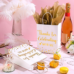 24 Pcs Wedding Gift Bag with Tissue Paper Thanks for Celebrating with Us Paper Bags Gold Wedding Gift Bags with Handle for Hotel Guests Wedding Gift Bag for Bridal Shower Party Favor (White)