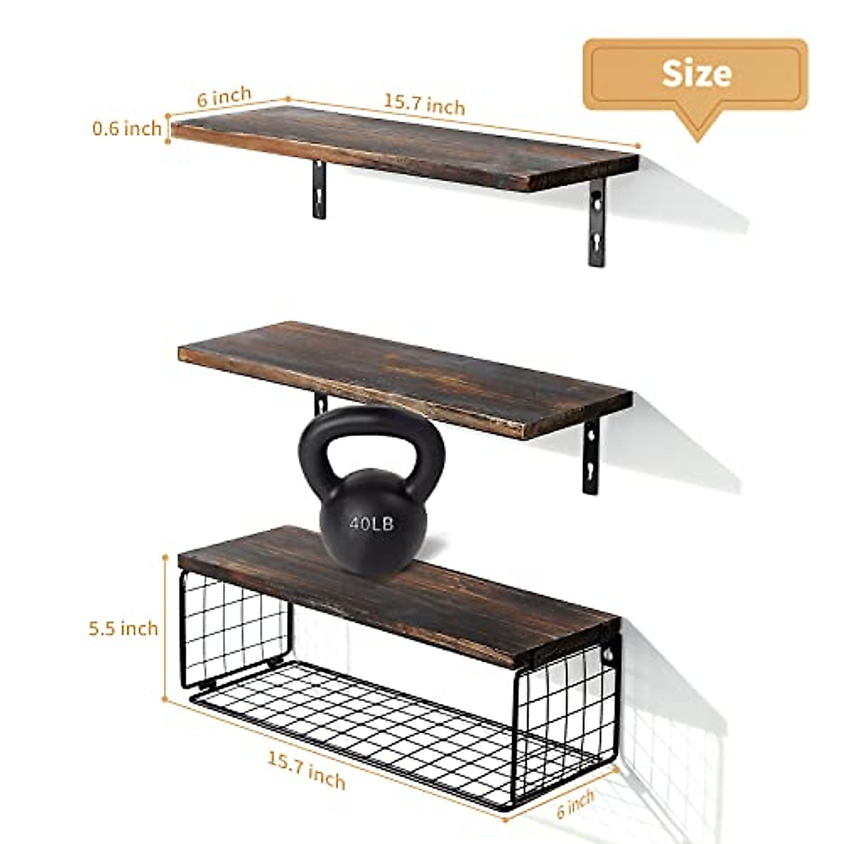 Floating Shelf ,Floating Shelves Wall Mounted Set of 3 ,Solid Wood Floating Shelves with Brackets and Basket Set,Rustic Wood Wall Shelves for Kitchen Living Room,Bedroom Shelves,Bathroom Shelf (Black)