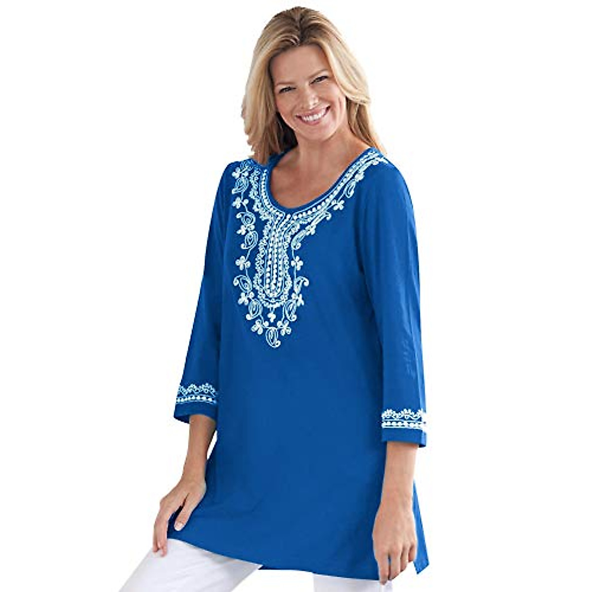 Woman Within Women's Plus Size Embroidered Knit Tunic - 18/20, Grenadine Orange