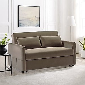 Aoowow Convertible Sleeper Sofa Bed 57 Inches, Velvet 2 Seats Sofa with Pull Out Bed,Loveseat Sofa Couch with Adjustable Backrest, 2 Pillows Side Pocket for Living Room Small Apartment (Light Brown)