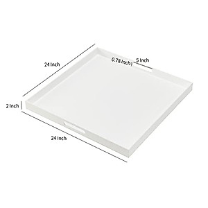 MUKEEN Oversize Extra Large King Size Bed Tray for eating Big Glossy White Acrylic Serving Tray with Handles 24x24 Inch -Spill Proof- Decorative Countertop Organizer for Ottoman,Bed,Party, Butler Tray