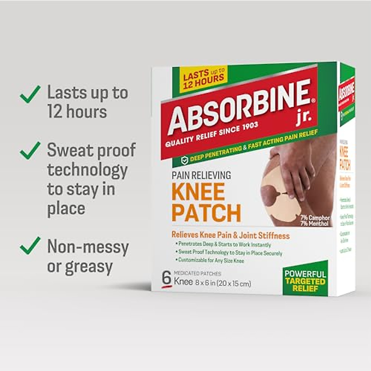 Absorbine Jr. Knee Pain Relief Patches, Fast Acting Pain Patch with Menthol for Knee Pain, Muscle Cramps and Joint Pain, 12 Hours of Long Lasting Relief with Sweat Proof Technology, 6 Count