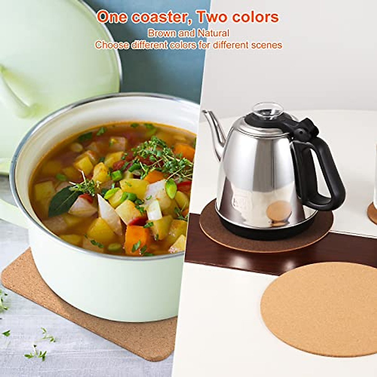 HECHZSO 6 Pcs Cork Potholder Trivets 2 Color and Double-Sided Available, for Kitchen, Dining Table, Pots and Pans, Plants, Craft Tea Insulation Pads (1, 6 inches Square)