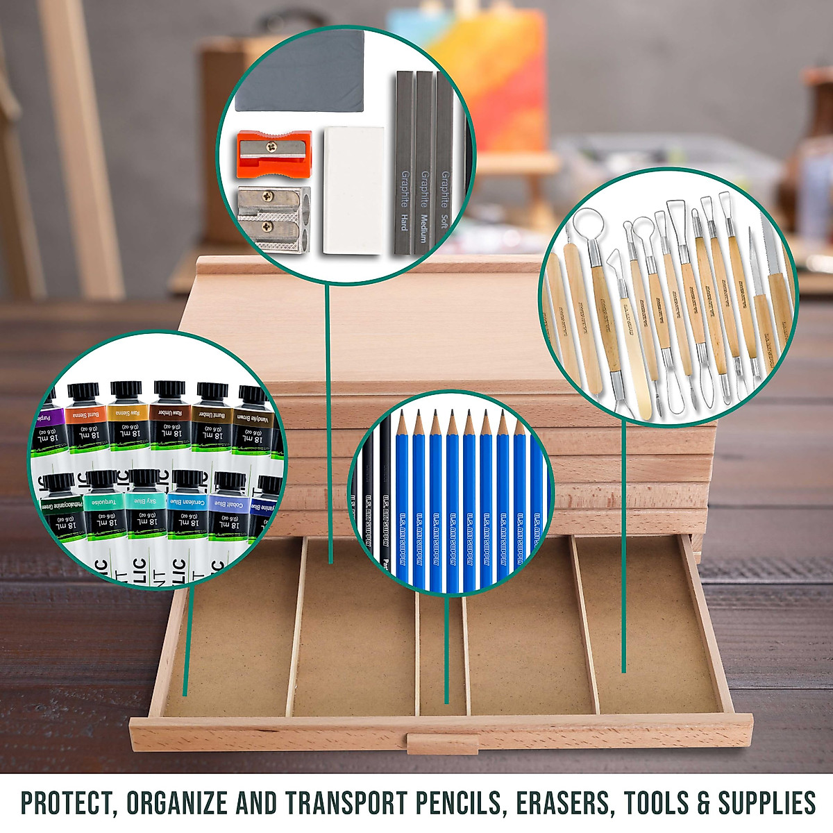 U.S. Art Supply 6 Drawer Wood Artist Supply Storage Box - Pastels, Pencils, Pens, Markers, Brushes