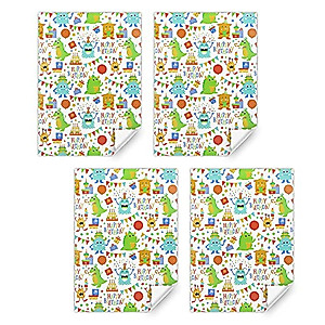Happy Birthday Little Monsters Wrapping Paper Set of 4 Sheets Folded Flat 20x28 inches Per Sheet For Boys Kids Girls Men Women, Colorful Gift Wrap Paper For all Birthday Party Baby Shower Kindergarten Celebrating Occasions
