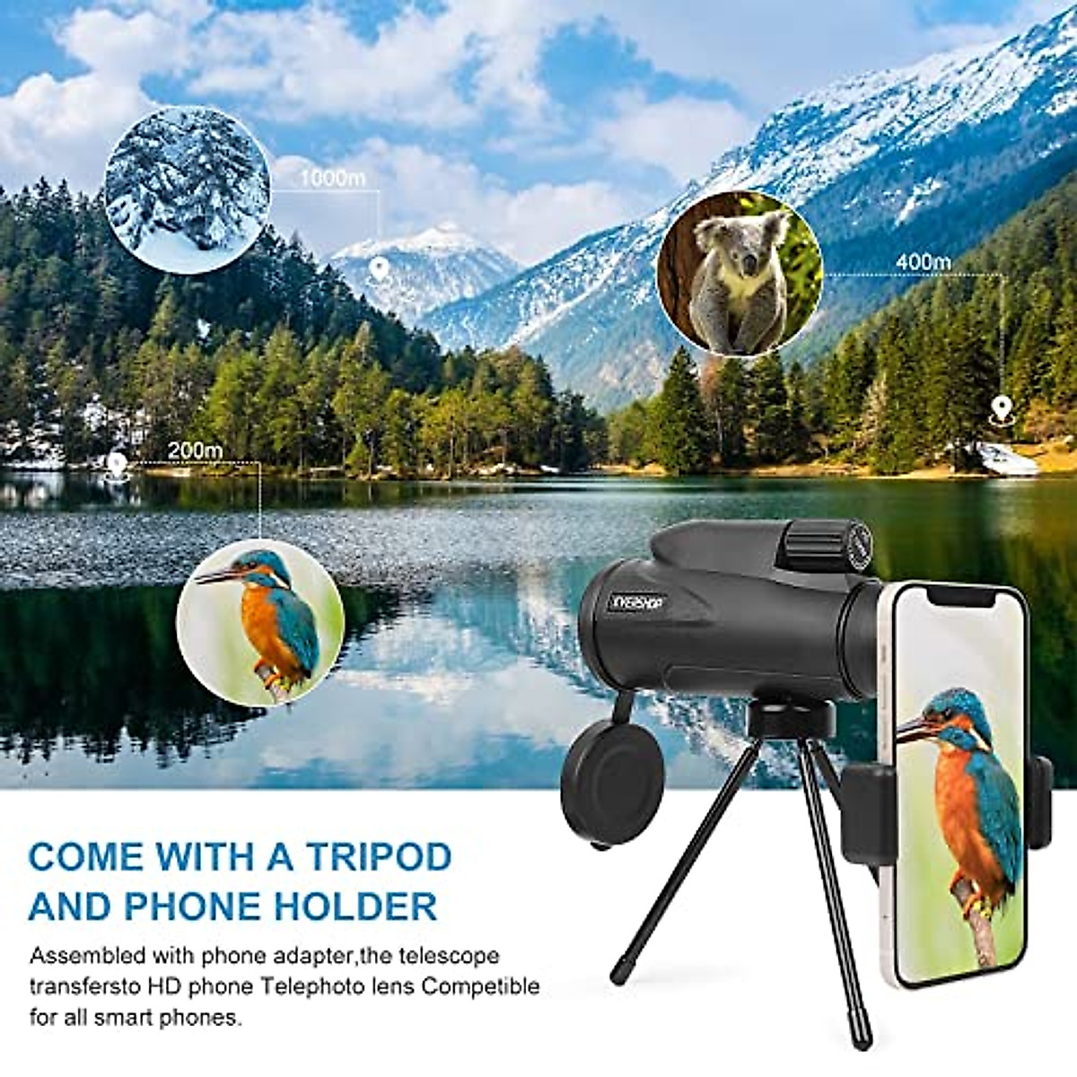Monocular Telescope with Low Night Vision for Adults Kids,12X50 High Power Mini Zoom Monoculars with Smartphone/iPhone Adapter Tripod,Gifts for Bird Watching Hunting Camping Traveling Star Sports
