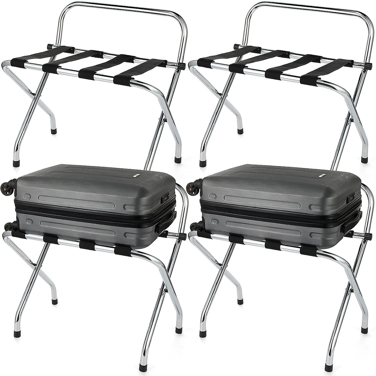 Therwen 4 Pack Steel Folding Foldable Luggage Rack with Back Suitcase Stand Shelf with Support Bar Folding Metal Suitcase Stand with Belts for Bedroom Hotel Guest Room, Chrome Silver
