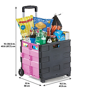 Inspired Living Ultra-Slim Rolling Collapsible Storage Pack-N-Roll Utility-carts, with Telescopic Handle, for Home, Garden, Shopping, Office, School use, Large, Pink & Black
