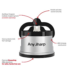 AnySharp Essentials - Knife Sharpener with PowerGrip - For Knives and Serrated Blades - Silver