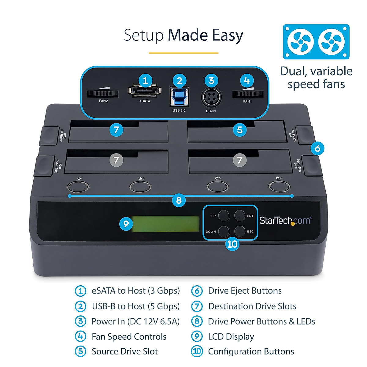 StarTech.com Dual Bay Hard Drive Duplicator and Eraser, External Standalone HDD/SSD Cloner / Copier, USB 3.0 to SATA Docking Station, Hard Disk Copier / Sanitizer / Wiper Tool (SATDOCK2REU3),Black