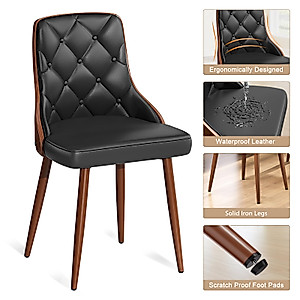 Aowos Dining Chairs Set of 2, Mid Century Modern PU Leather Upholstered Kitchen Chairs with Walnut Back and Iron Legs, Comfortable Seating for Kitchen, Dining Room, Bar Counter, Living Room (Black)