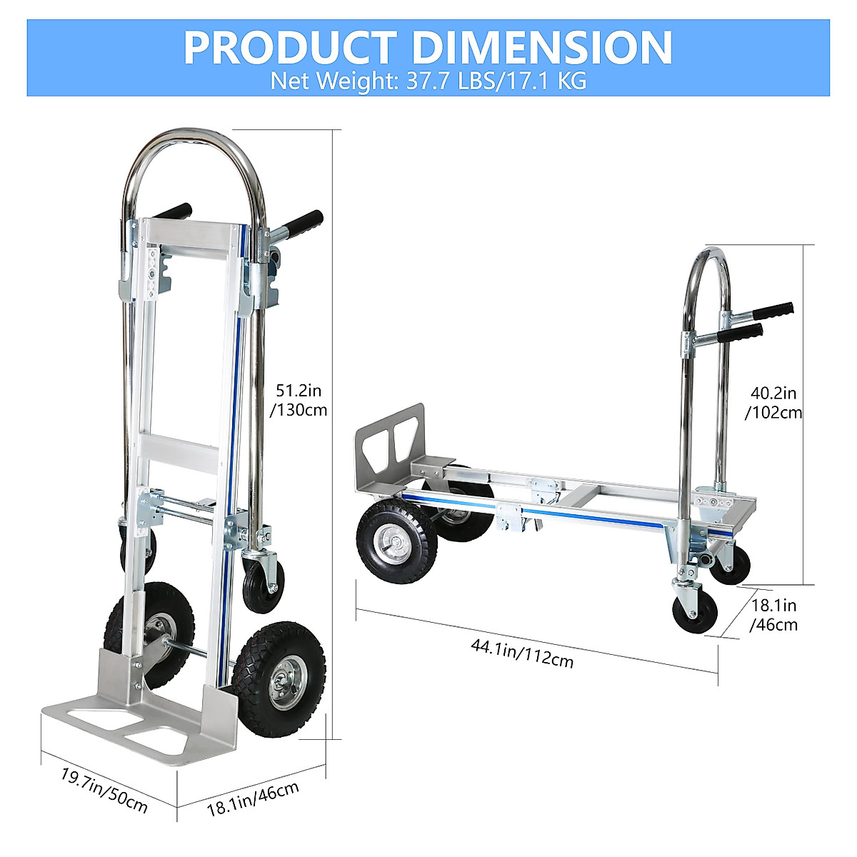 Aluminum Convertible Hand Truck, 2 in 1 Folding Dolly 800 LBS Capacity Heavy Duty Industrial Platform Cart Collapsible Truck for Transport & Moving in Warehouse, Home, Supermarket