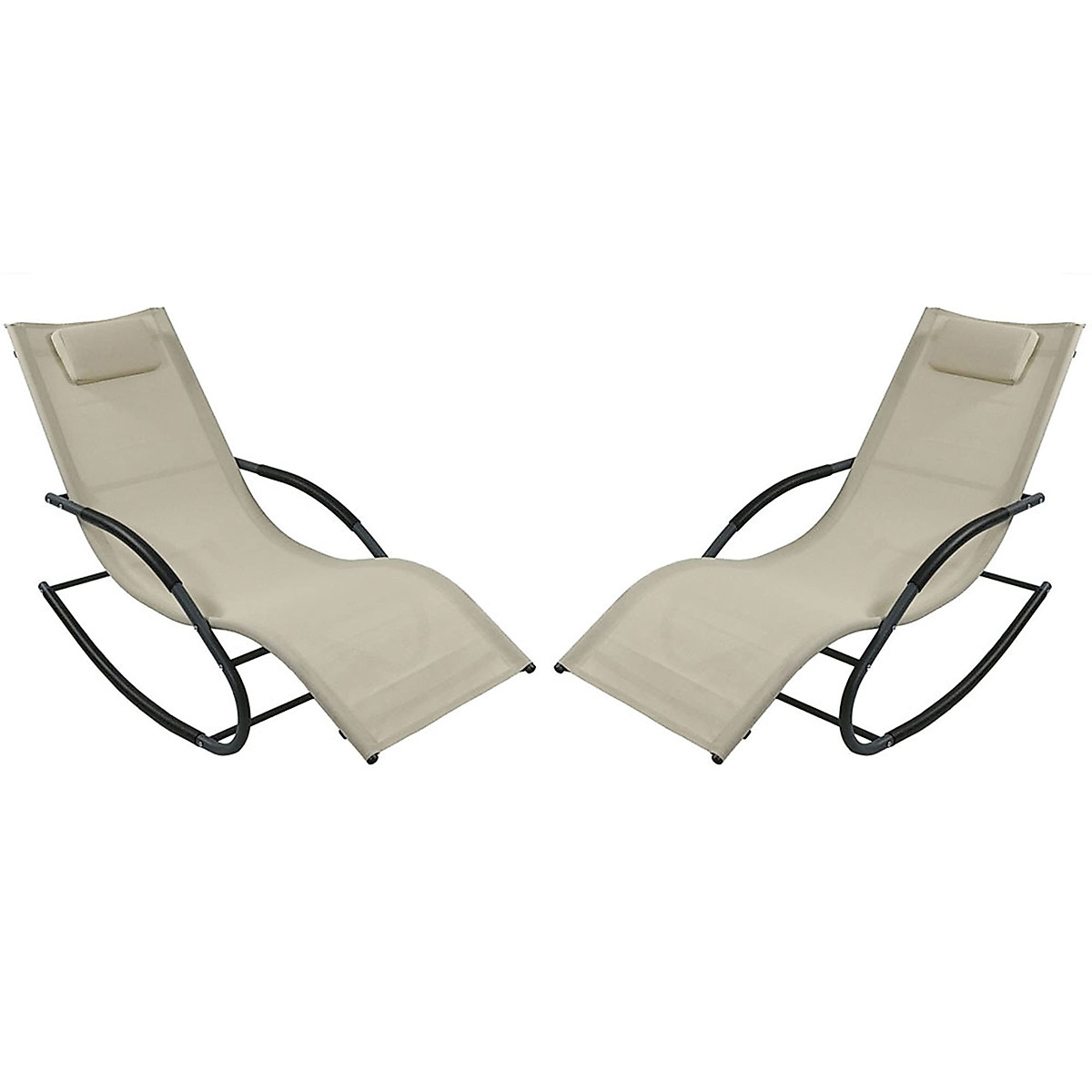 Sunnydaze Outdoor Rocking Wave Lounger with Pillow, Patio and Lawn Lounge Chair Rocker, Beige, Set of 2