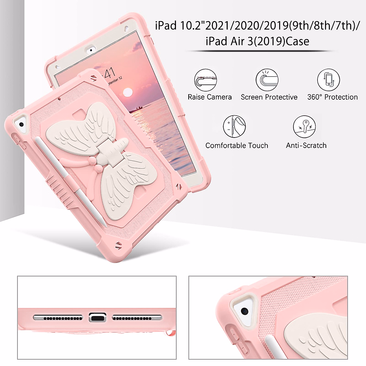 DUEDUE for iPad 10.2 9th/8th/7th Generation Case 2021/2020/2019, Butterfly Wings Kickstand with Pencil Holder Heavy Duty Rugged Shockproof Case for New Apple iPad Air 3 10.5, Beige/Pink