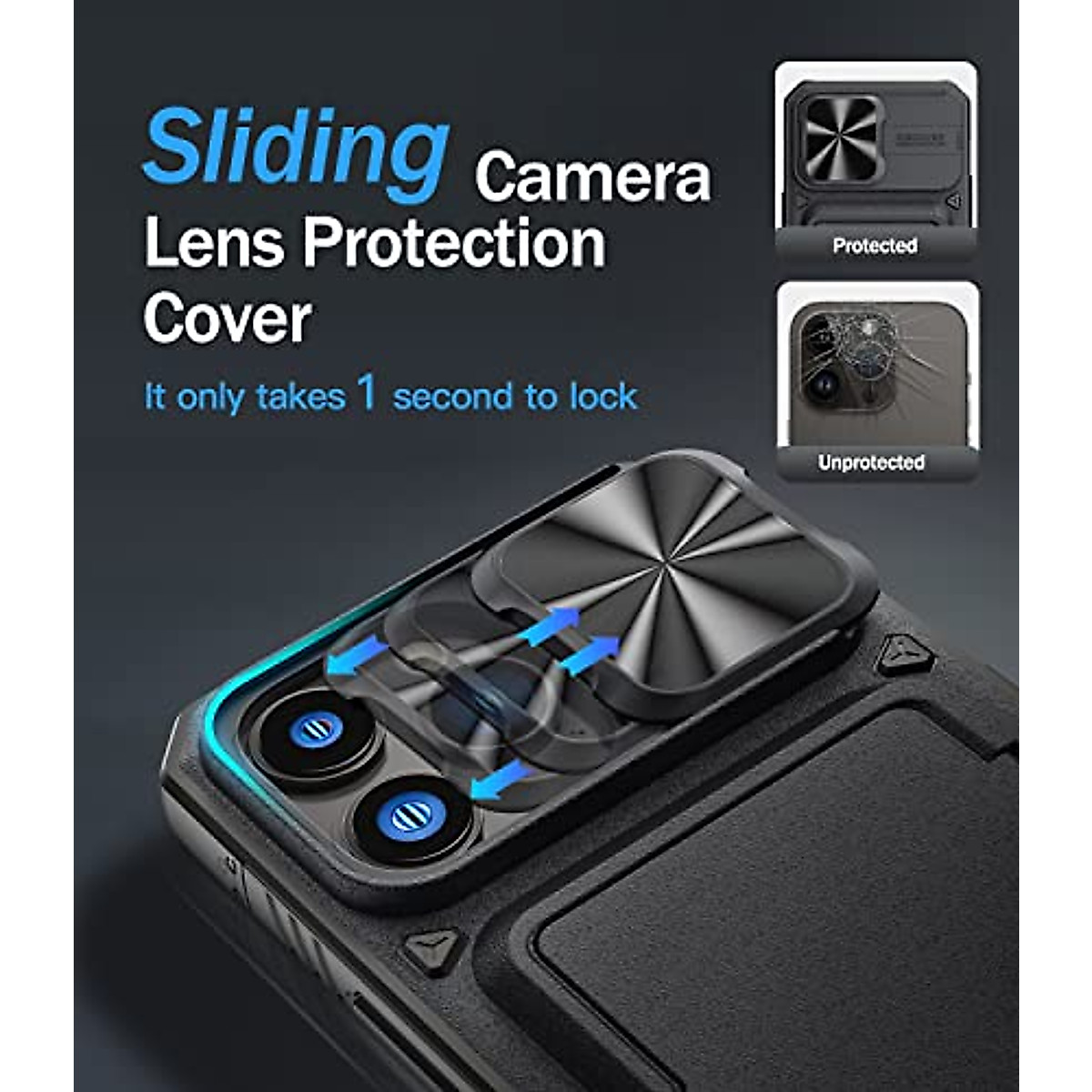 Vihibii for iPhone 14 Pro Max Case, Wallet Case with Card Holder (Storage 4 Cards), Slide Camera Cover & Kickstand [Military Grade Drop Protection] Phone Case 6.7" (2022), Black