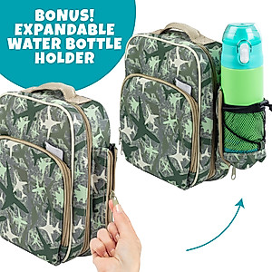 Insulated Lunch Box w Snack Pocket & Water Bottle Holder-Boys or Kids Jets School Lunchbox Tote Keeps Food Hotter or Colder Longer- Reusable Bag Fits Most Bento Boxes, Ice Packs- Back To School