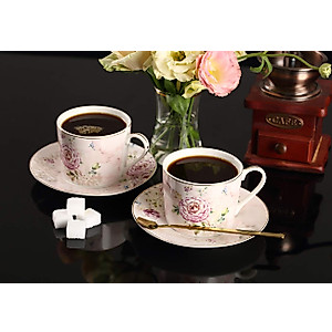 GuangYang Porcelain Tea Cups and Saucers,7 Ounce,Set of 2,Peony Flower Design Coffee Cup with Saucer,220ml Vintage Teacup (Total 4 pieces)