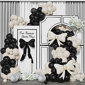 Bow Balloon Garland Arch Kit, 146 Pcs Black and White Bowtie Iridescent Disco Ball Foil Balloon for Birthday Anniversary Wedding Bridal Gender Reveal Supplies Bachelorette Tea Ribbon Party Decoration