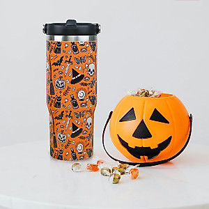 30oz Halloween Tumbler with Handle and Straw, Goth Black Cat Insulated Tumbler, Pumpkin Bat Skull Leak Proof Travel Coffee Mug, Reusable Stainless Steel Witch Tumbler, Halloween Gifts for Women