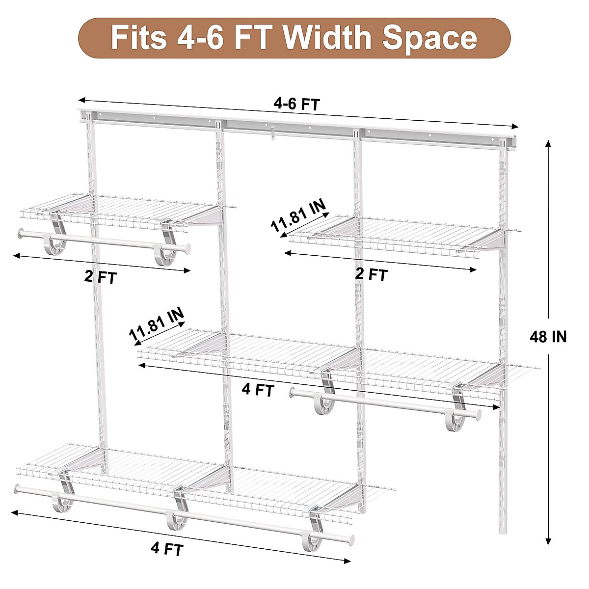 PROWORX 4-6 Ft Closet Organizer System, Adjustable Metal Wire White Closet System, Expandable Walk in Closet Organizers and Storage System, Closet Shelves with Hanging Rods