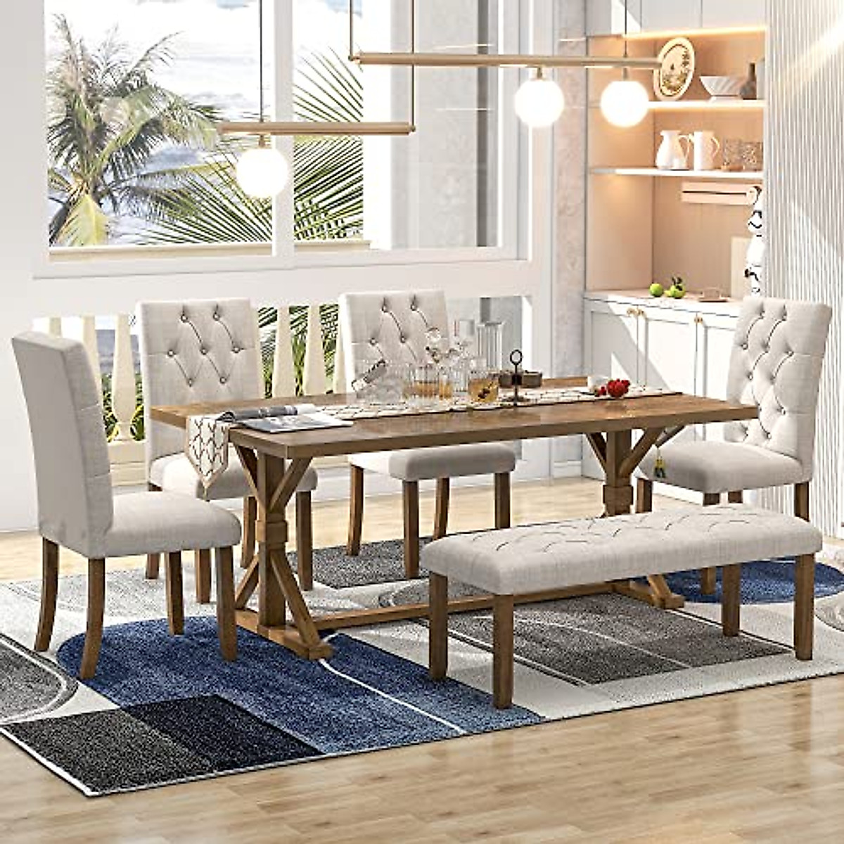 Goohome 6-Piece Farmhouse Kitchen Dining Set, Mid-Century Wood Rectangular Table, 4 Flannelette Upholstered Chairs and Bench Family Furniture, for Home, Apartment, Walnut
