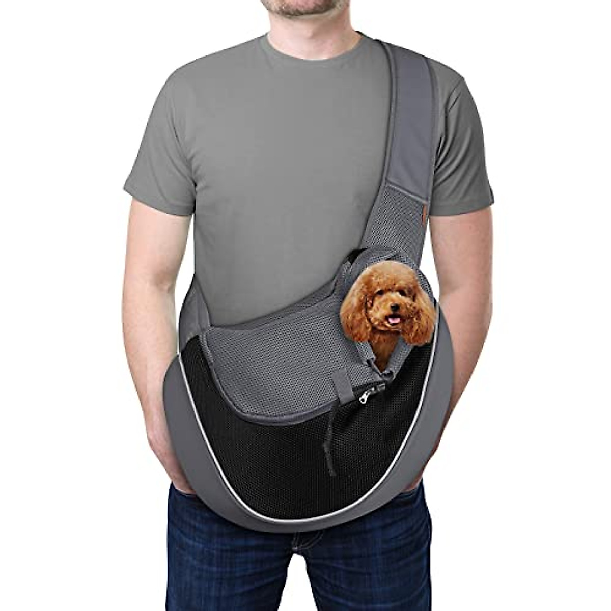 YUDODO Pet Dog Sling Carrier Breathable Mesh Travel Safe Sling Bag Carrier for Dogs Cats (L(10-15lbs), Black Reflective)