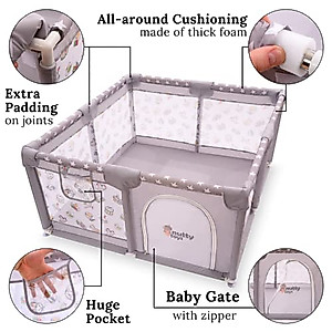 Nutty Toys Baby & Toddler Playpen - Safe & Sturdy Design | Extra Cushioning, Pull Rings, Large Pocket & Carry Bag | Fast Assembly 50x50 Big Play Pens for Babies and Toddlers, Large Area Kids Play Yard