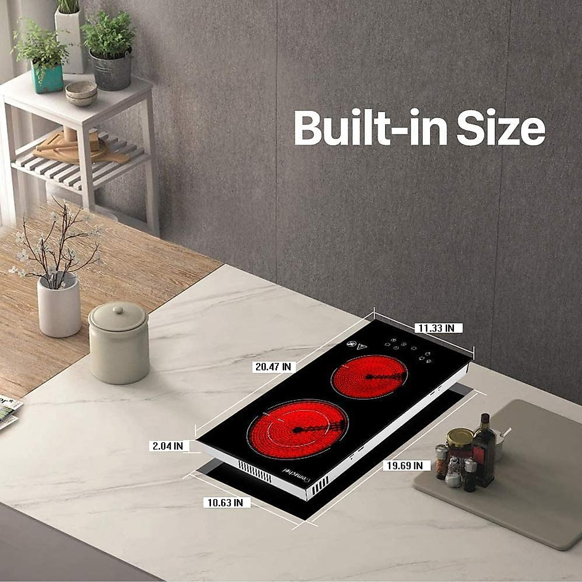 AMZCHEF 2 Burner Electric Cooktop 12 Inch, Domino Electric Stove Top 120v Plug Ceramic Cooktop with 1800W 9 Power Levels,Sensor Touch,Child Lock,Residual Heat Indicator,Built-in&Countertop,Upgraded