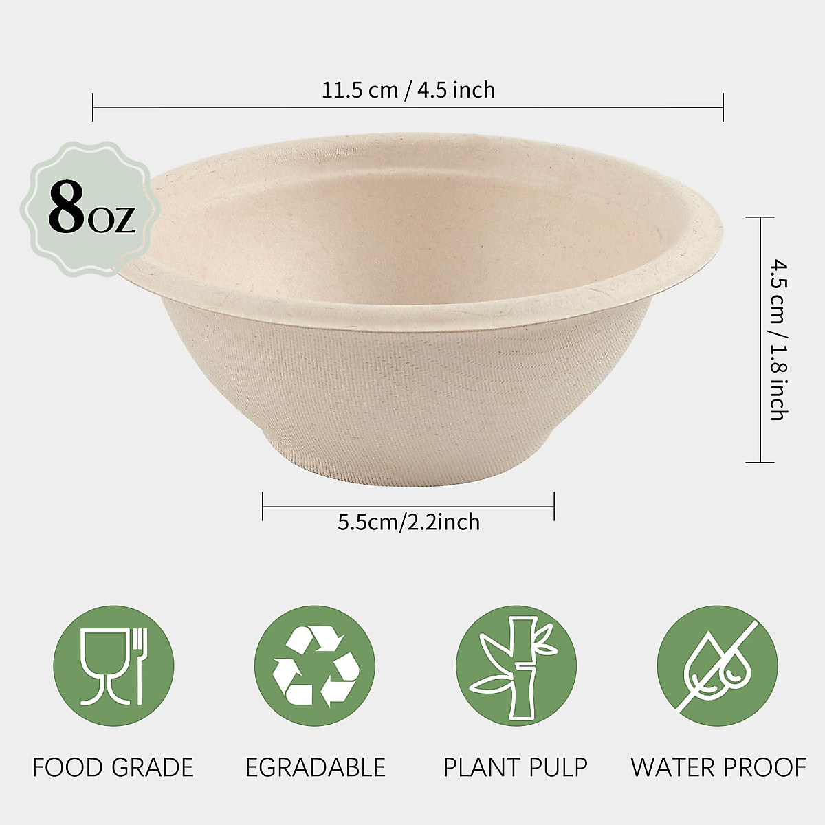 ZORRITA 150 Pack 8 oz Paper Bowls Disposable Small Compostable Soup Bowls Natural Sugarcane Biodegradable Bowls for Ice Cream, Desserts, Pet Food