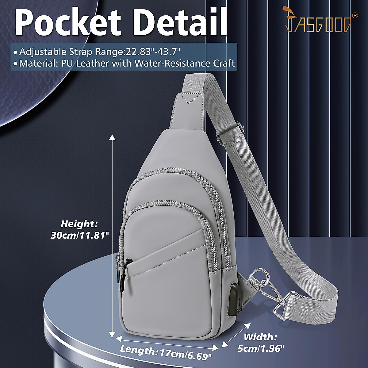 JASGOOD Sling Bag for Men Women, Crossbody Bag Faux Leather Fanny Pack Waterproof Chest Bag Backpack for Travel,Hiking,Light Gray