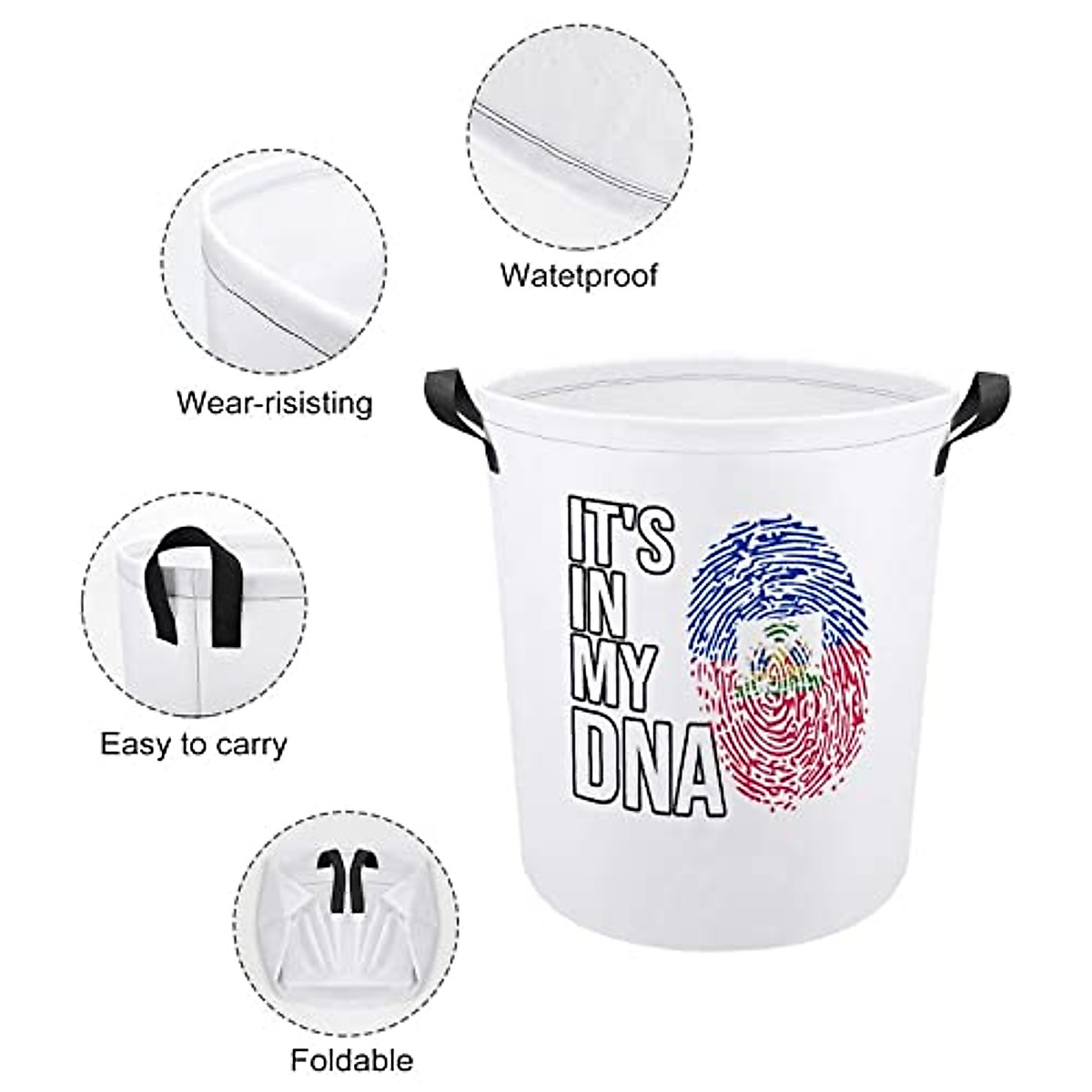 It's in My DNA Haiti Flag Large Laundry Basket Hamper Bag Washing with Handles for College Dorm Portable
