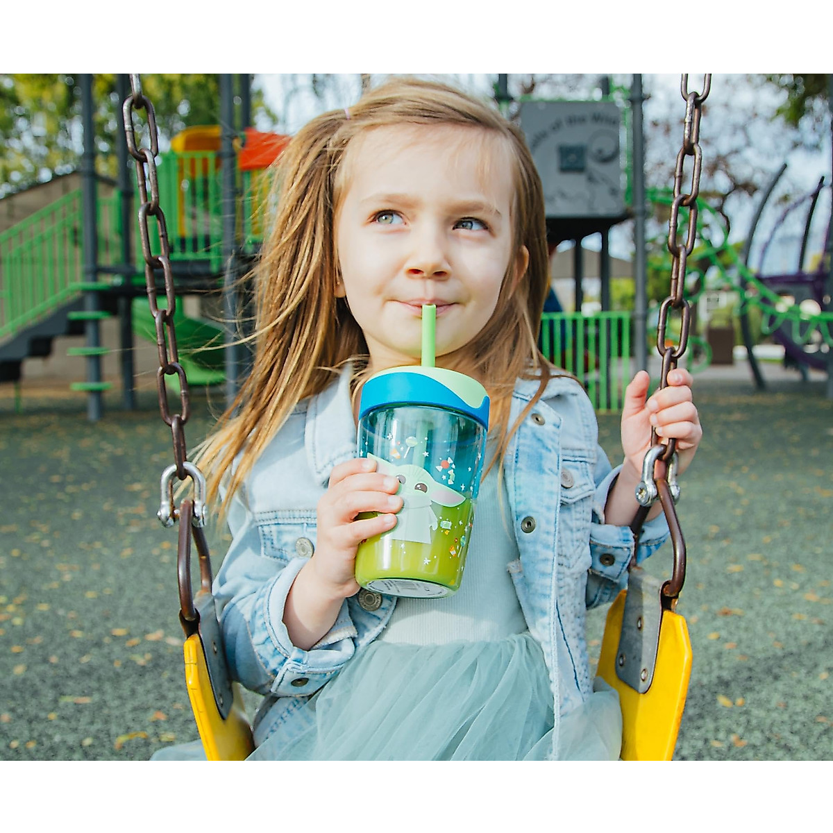 Silver Buffalo Star Wars: The Mandalorian Grogu Kids Plastic Travel Tumbler With Spill-Resistant Lid and Reusable Straw | Holds 18 Ounces