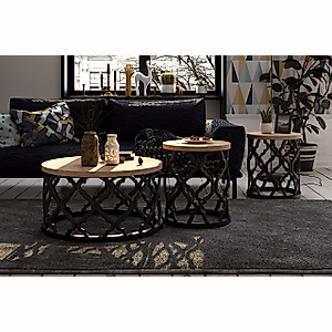 COZAYH Rustic Farmhouse Coffee Table, Distressed Wood Top Table with Curved Motif Frame Base for Modern, French Country Decor, Round, Black