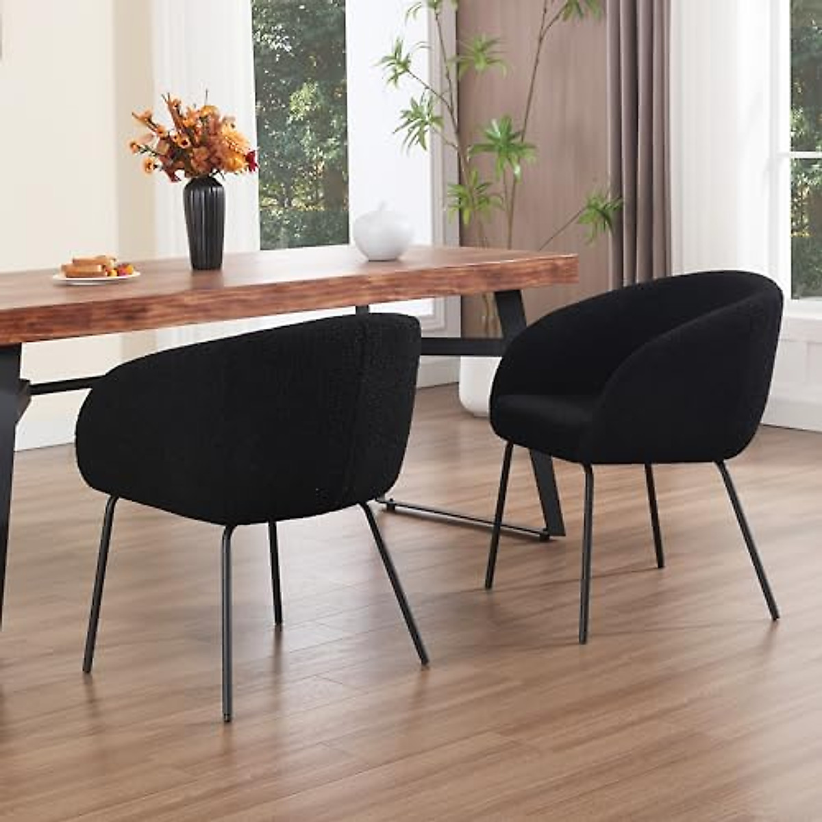 ONEVOG Upholstered Modern Sherpa Chairs for Makeup Vanity Desk, Black Boucle Dining Chairs wtih Arms, Curved Back, Metal Legs, Cozy Kichen & Dining & Living Room Cushioned Seats Set of 2