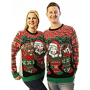 Ugly Christmas Party Sweater Men's- Unisex Dogs/Puppies Stocking Stuffers-Large Puppies in Stocking Red