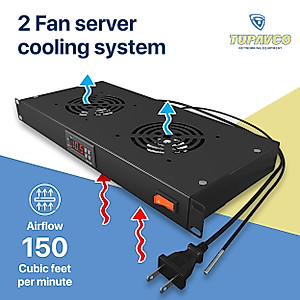 Rack Mount Fan - 2 Fan Server Cooling System - 1U 19" Rackmount Cabinet Panel Adjustable Temperature Control (Digital Heat Monitor Display) Sensor Alarm (Overheat Air Flow Top Exhaust) Tupavco TP1721