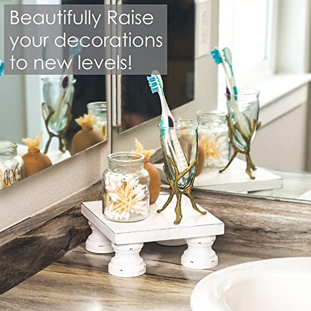 Decorative Riser Pedestal display stand, Display bathroom and home décor, risers for display of farmhouse kitchen decor, wood riser tray (White Feet)
