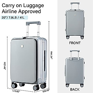 Hanke 20 Inch Carry On Luggage with Front Pocket Aluminum Frame （Can Not Open in The Middle） Hard Shell Suitcases with Wheels Rolling Luggage Suitcase with Lock Travel Luggage for Weekender- Grey