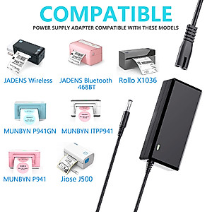 Replacement for MUNBYN Power Cord Compatible with NETUM ITPP941 NT-8006 P941 MU-ITPP941-US,Replacement for JADENS Power Supply Cord Compatible with Rollo X1038 Label Printer Thermal Label Maker