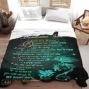 Personalized to My Son Dragon Blanket from Mom Dad 60x80 Inches Lightweight Flannel Throws Custom Name Gift for Boy Men Super Soft Comfy Blankets Birthday Christmas Decor Couch Sofa