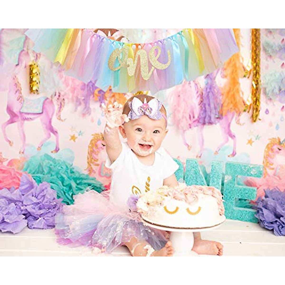 Pastel Rainbow High Chair Banner for 1st Birthday - Party Supplies for Highchair Tutu Skirt, First Birthday with One Pennant,Rainbow Birthday Decorations for Girls (Rainbow Banner)