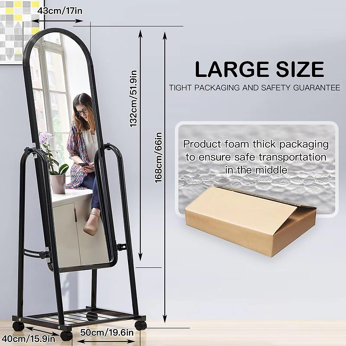 Jexdar Full-Length Mirror with Bracket, 66"x17"Adjustable Stand Up Mirror on Wheels with Underneath Storage, Floor-Standing Make Up Vanity Mirror Dressing Mirror for Bedroom Bathroom Porch