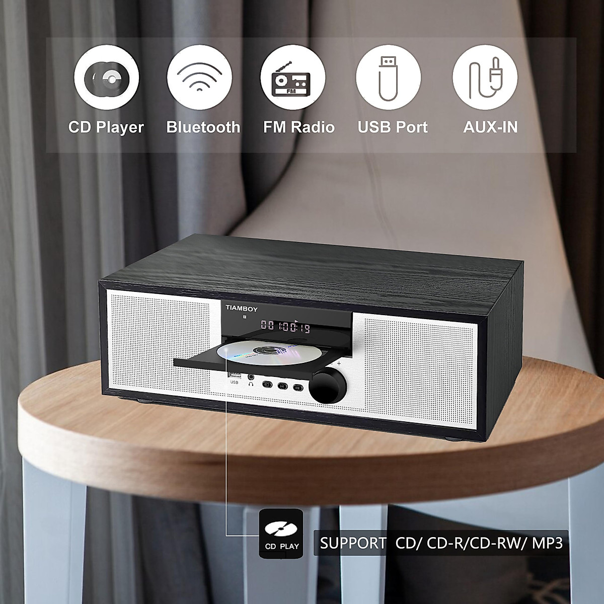 Vintage Home CD Stereo System, 40W RMS Micro Component with CD Player, Bluetooth, USB Playback, FM Radio, AUX-in & Earhpones Output, Clear Sounds & Rich Bass (TB-816 Black)