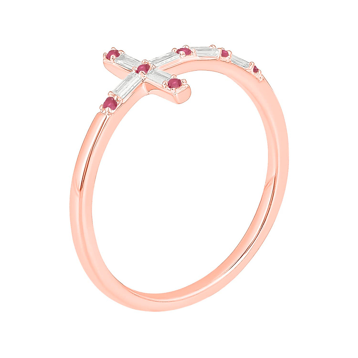 1/20cttw White Baguette Diamond and Gemstone Sideways Cross Ring for Women in 14k Gold, Women's Horizontal Cross with Choice of Natural Gemstone or Round Diamond in 14k Yellow, Rose or White Gold