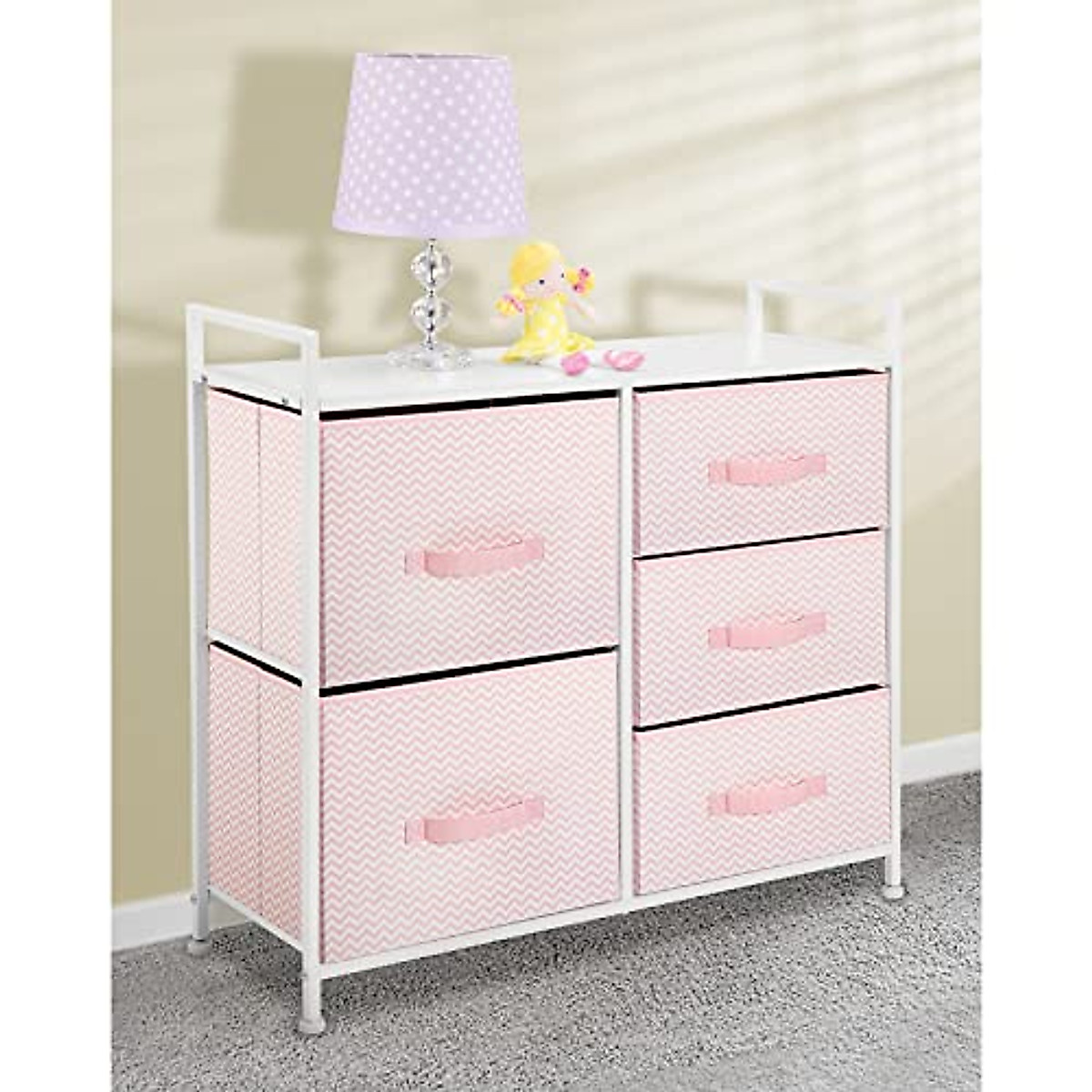 mDesign 30.03" High Steel Frame/Wood Top Storage Dresser Furniture Unit with 5 Removable Fabric Drawers - Tall Bureau Organizer for Bedroom, Living Room, Closet - Spira Collection - Pink/White