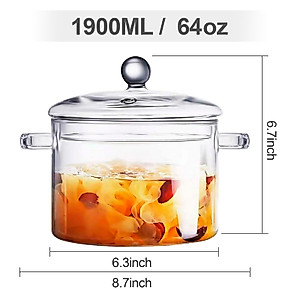 Clear Glass Simmer Pot with Lid - 1.9L/64 FL OZ Heat-Resistant Borosilicate Glass Pot for Cooking on Stove Glass Saucepan for Cooking Potpourri Cookware for Pasta, Soup, Tea, Milk Dishwasher Safe