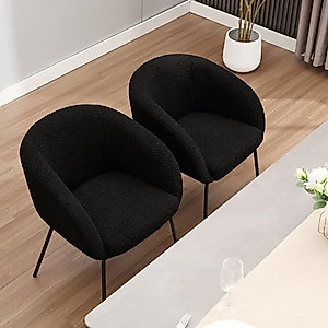 ONEVOG Upholstered Modern Sherpa Chairs for Makeup Vanity Desk, Black Boucle Dining Chairs wtih Arms, Curved Back, Metal Legs, Cozy Kichen & Dining & Living Room Cushioned Seats Set of 2