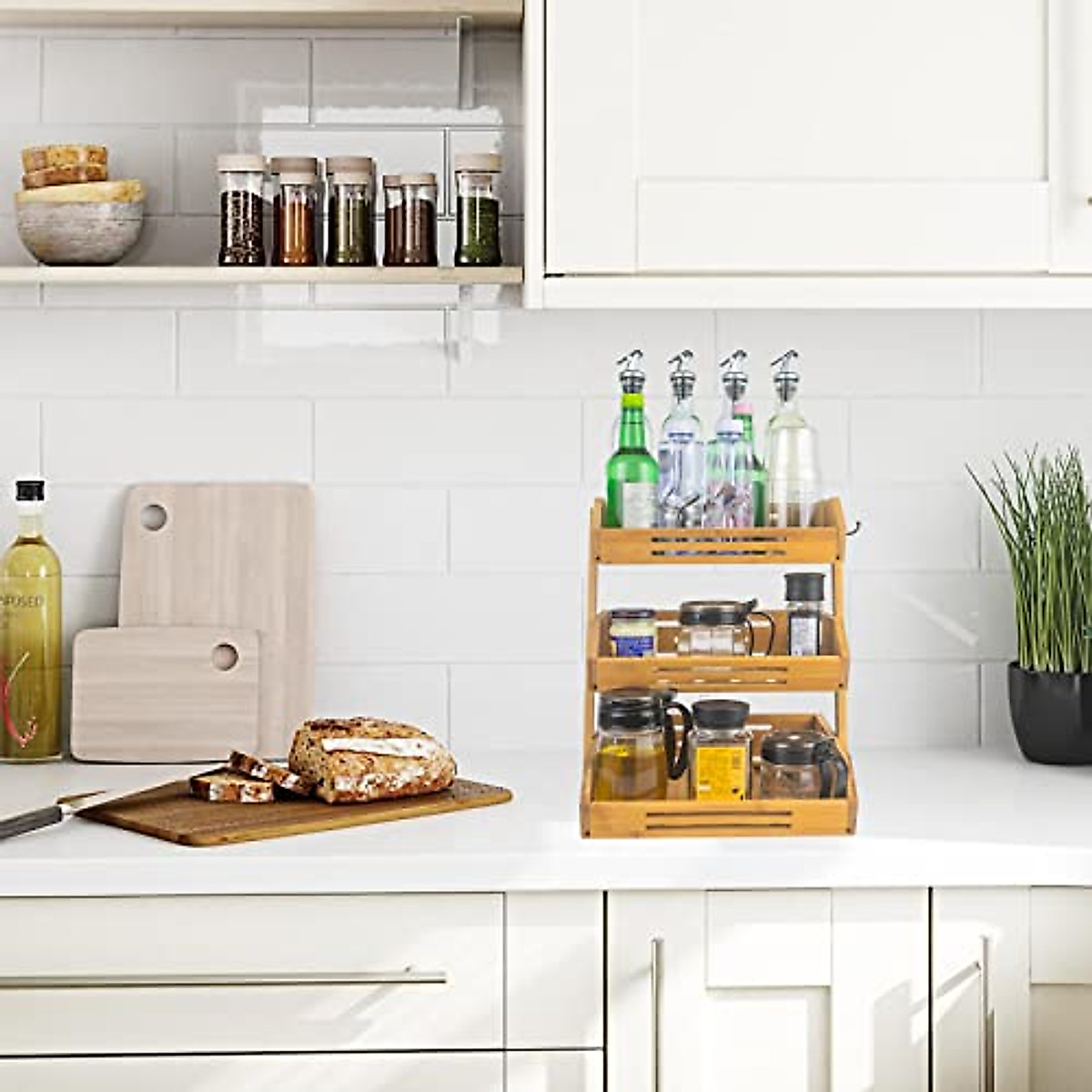 SINBDLAI Bamboo Fruit Basket, 3 Tier Fruit Basket for Kitchen Counter, Fruit Bowl for Kitchen Counter, Fruit and Vegetable Storage with 2 Banana Hangers