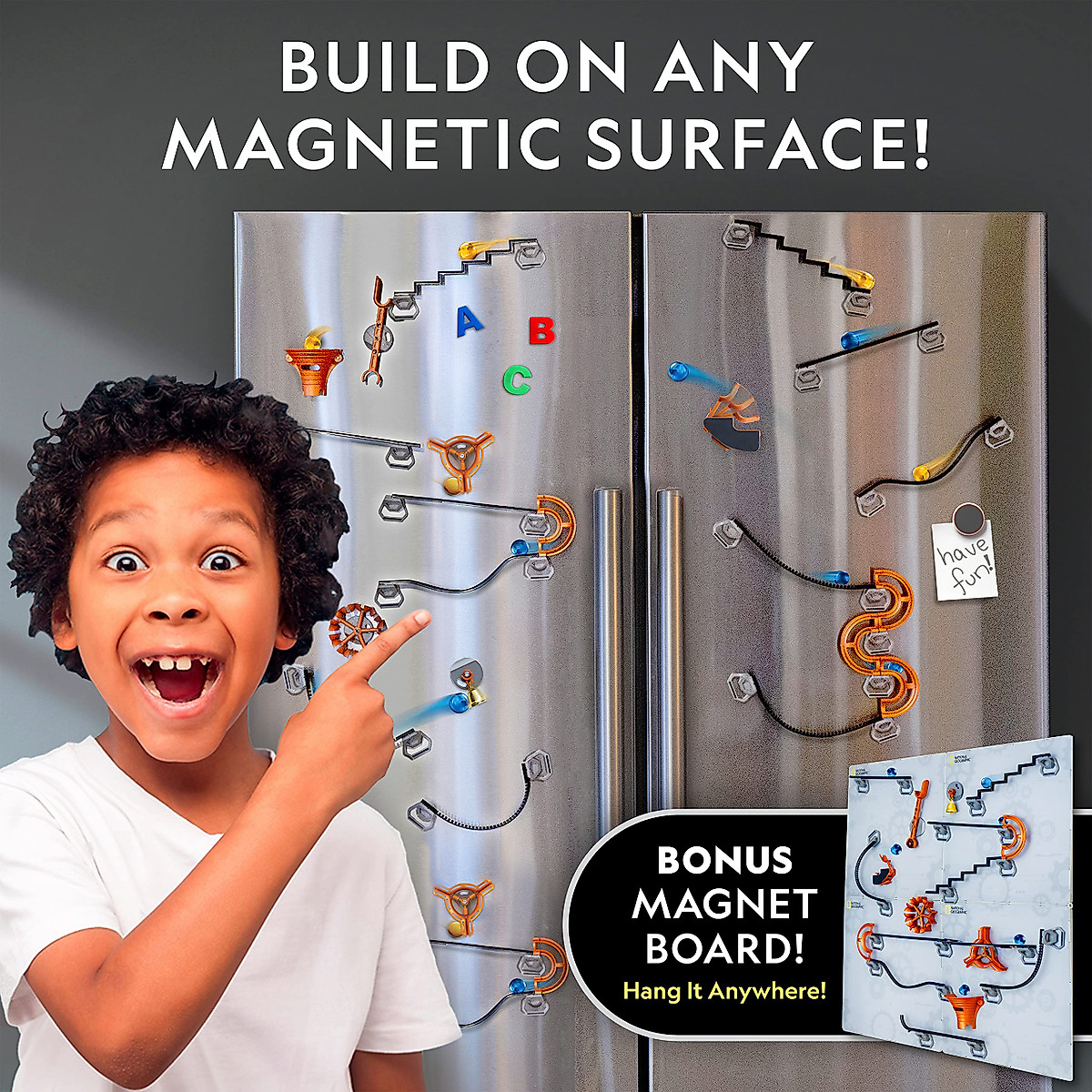 NATIONAL GEOGRAPHIC Magnetic Marble Run - 90-Piece STEM Building Set for Kids & Adults with Magnetic Track & Trick Pieces, Marbles & Magnet Board for Building A Marble Maze Anywhere